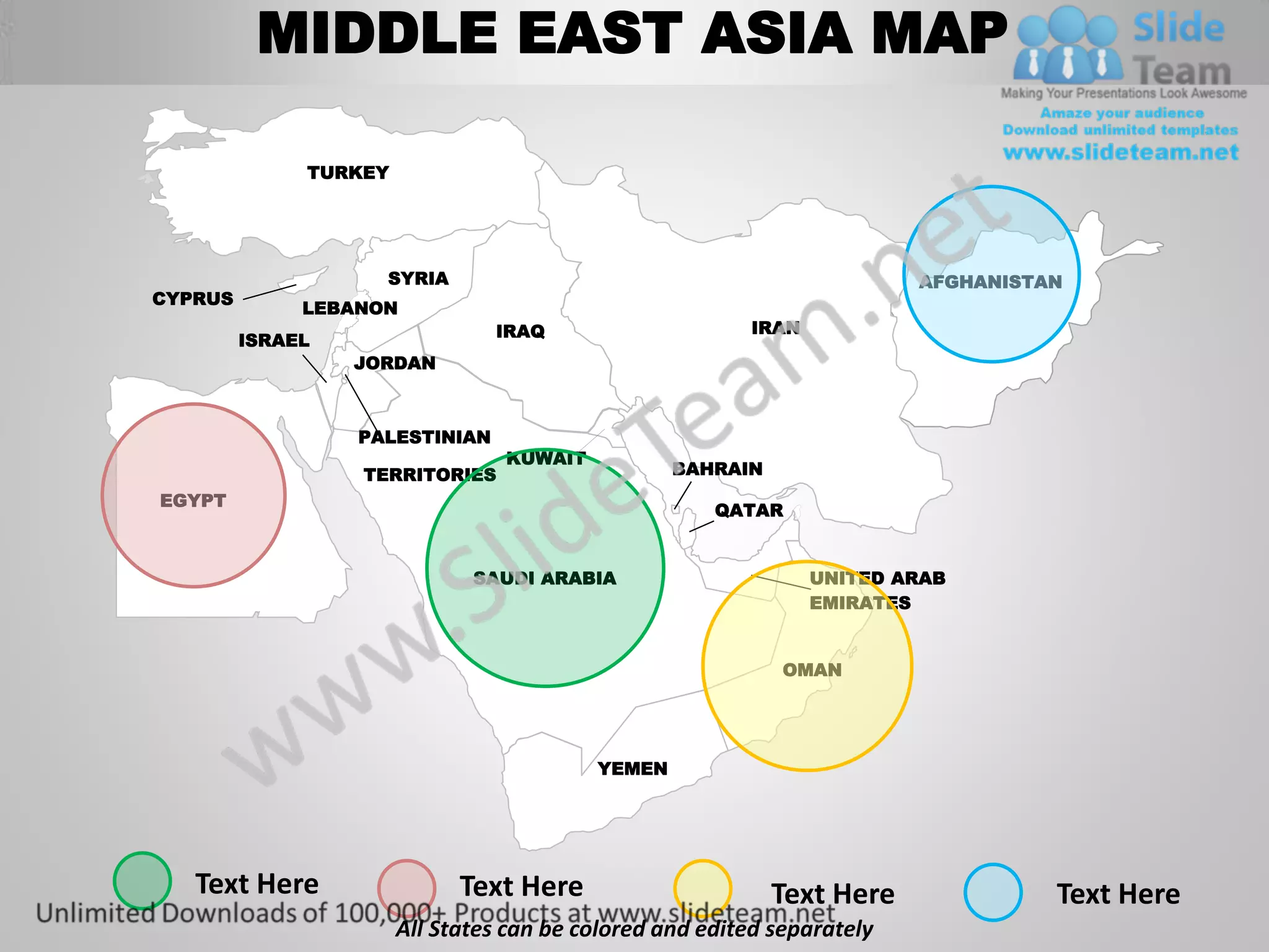 Middle east asia powerpoint editable continent map with countries ...