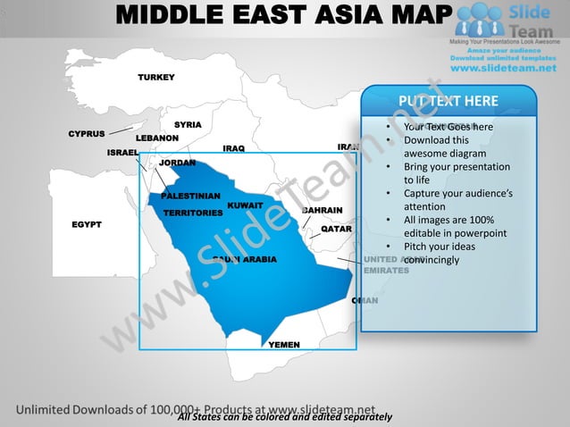 Middle east asia powerpoint editable continent map with countries ...