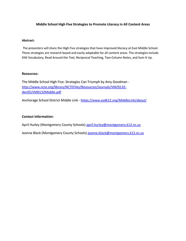 Middle School High Five Strategies to Promote Literacy in All Content Areas | PDF