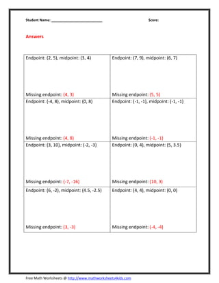 Midpoint Formula Worksheet