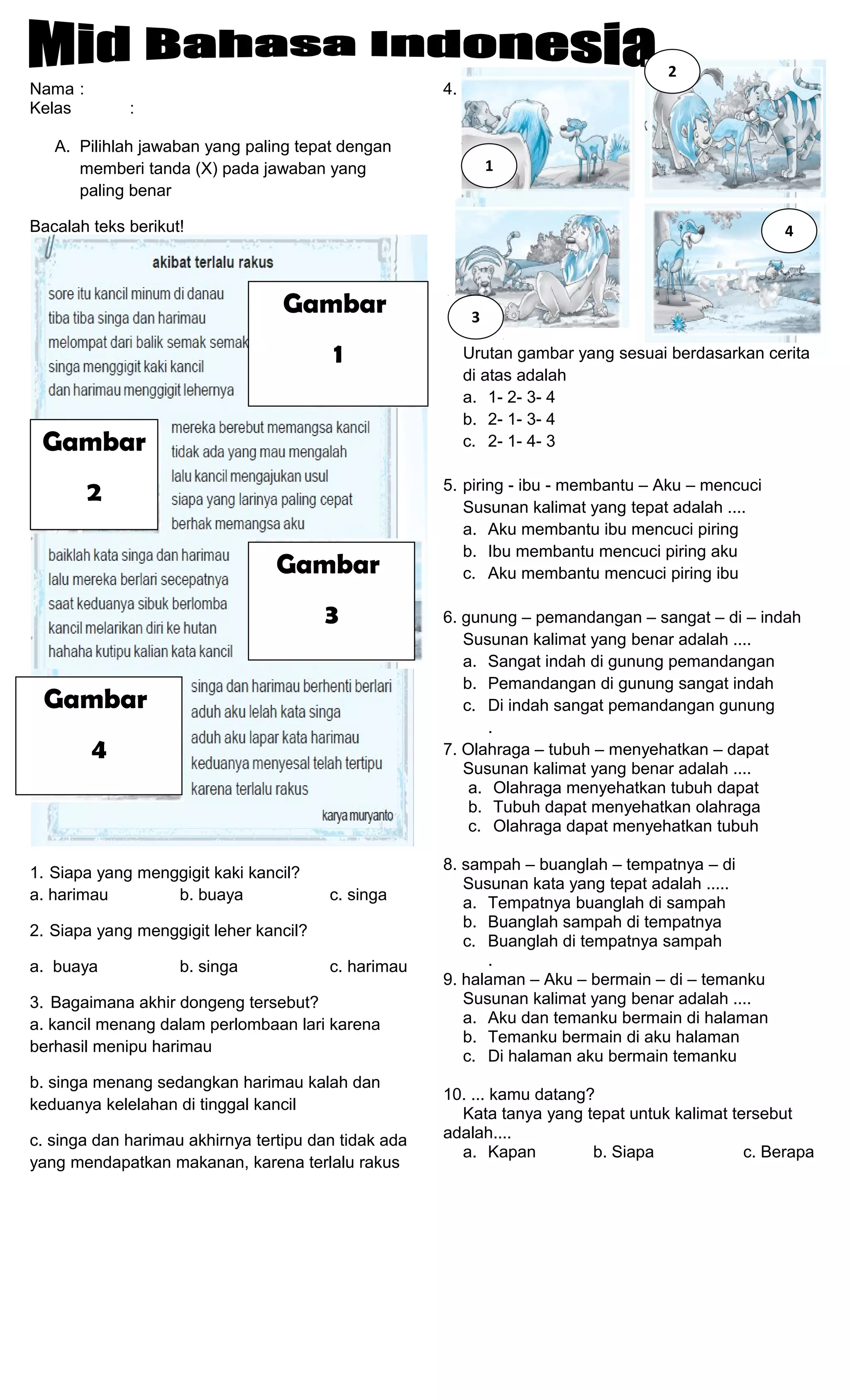Mid sem 1 bahasa indonesia kelas 2 | PDF
