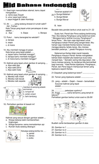 Mid sem 1 bahasa indonesia kelas 2 | PDF