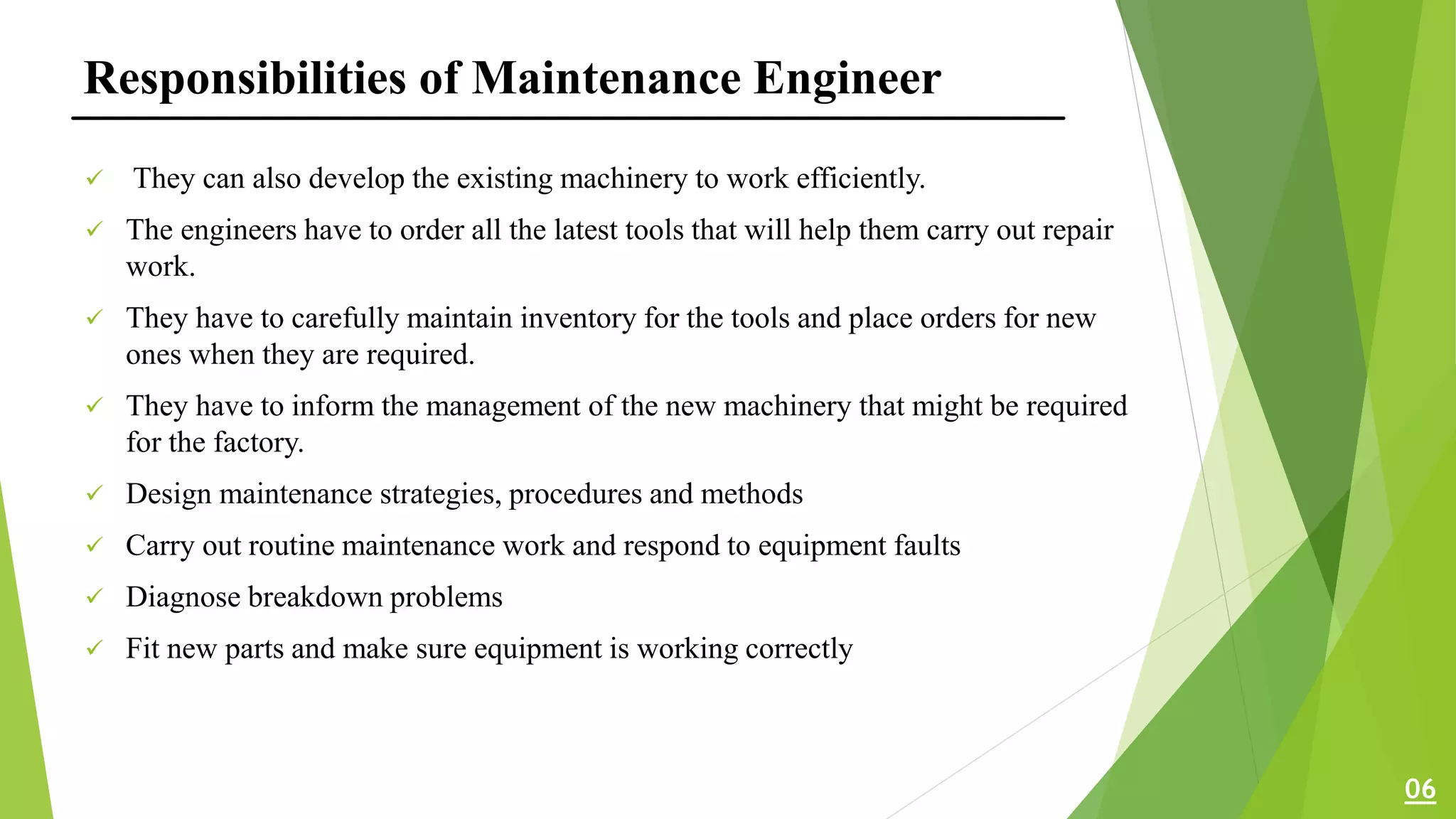 Job Responsibilities of A Maintenance Engineer | PPTX