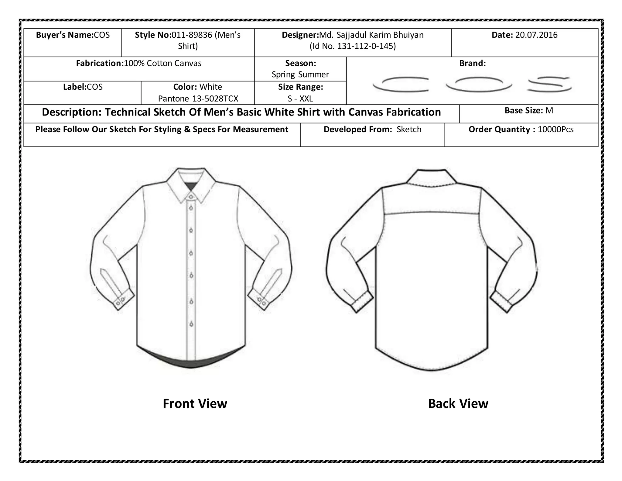 spec sheet of shirt | DOCX