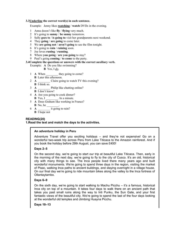 Mid term english exam beginner iv | DOCX