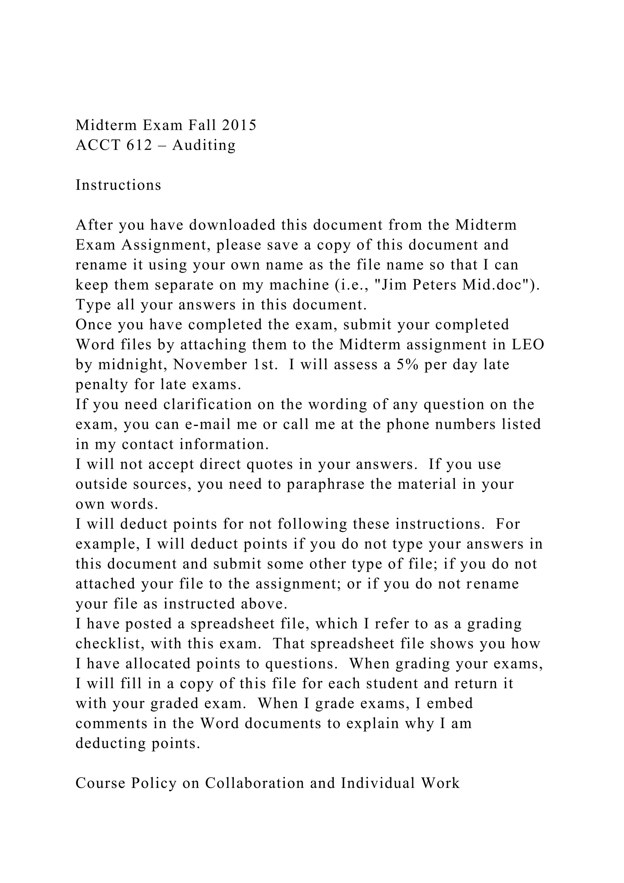 Midterm Exam Fall 2015ACCT 612 – AuditingInstructionsAft.docx