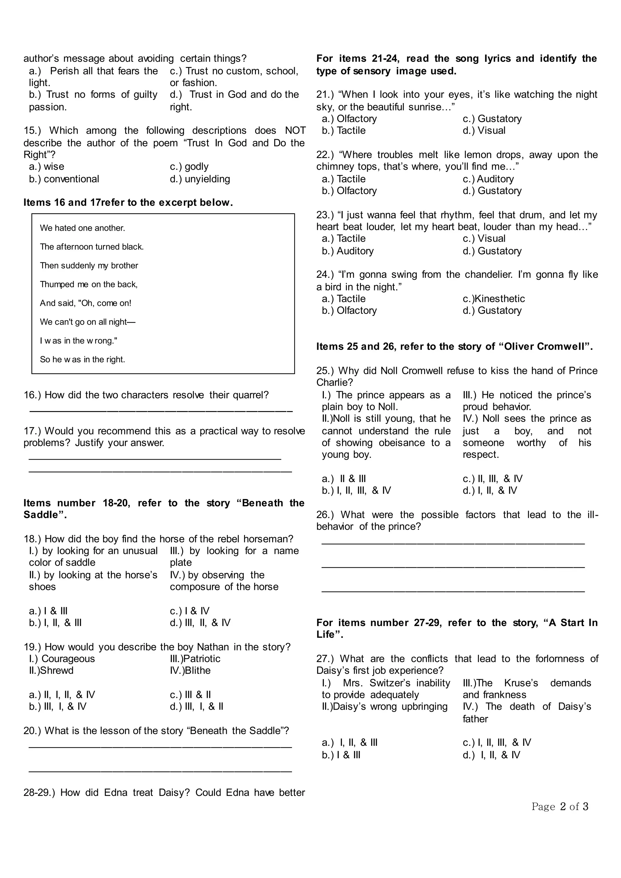 Midterm exam (grade 9 literature 2nd sem (edited) | DOCX