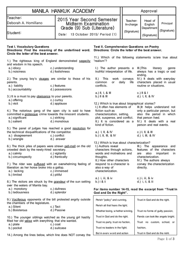 Midterm exam (grade 9 literature 2nd sem (edited) | DOCX