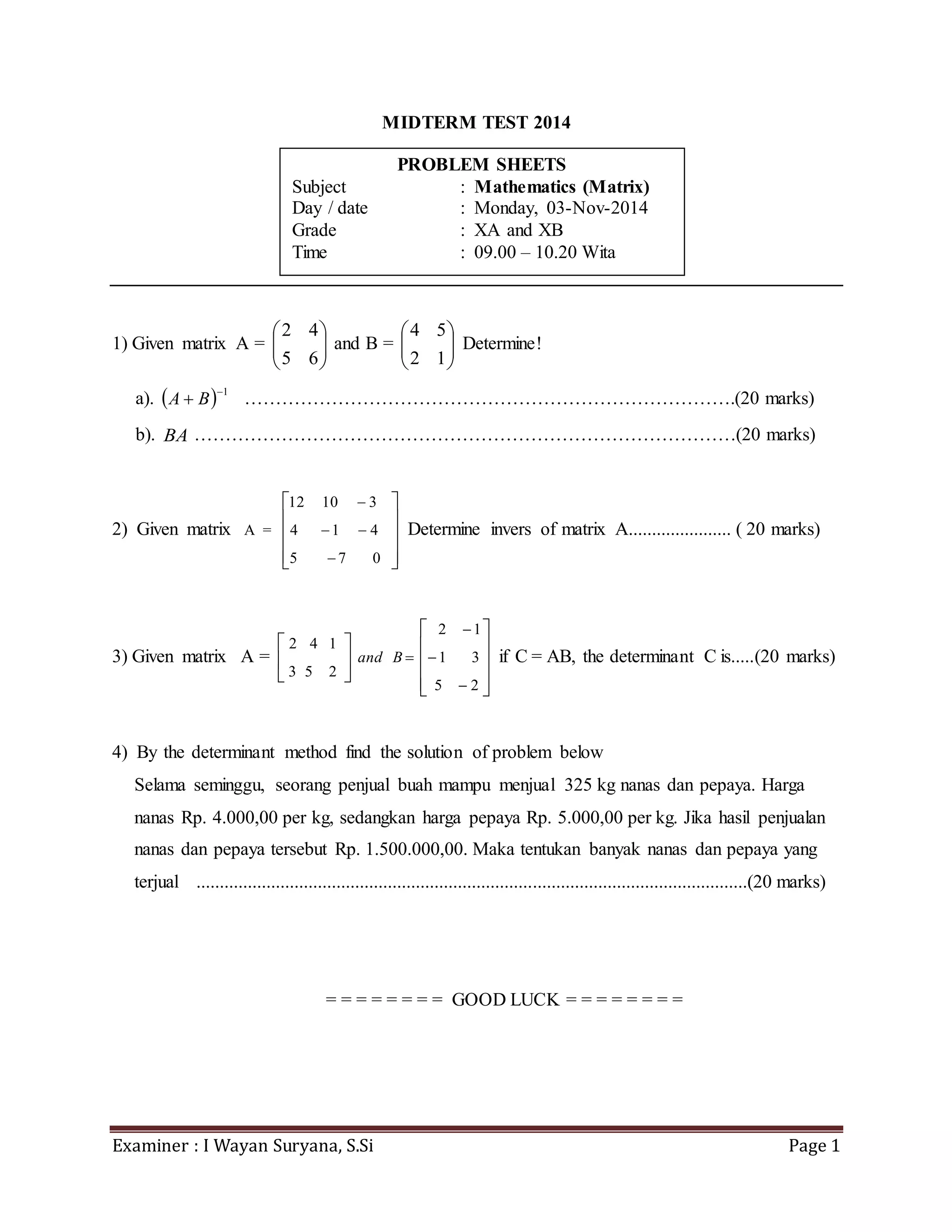 Midterm test 2014 (matrix) | PDF