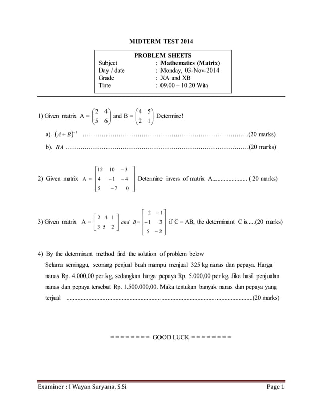 Midterm test 2014 (matrix) | PDF