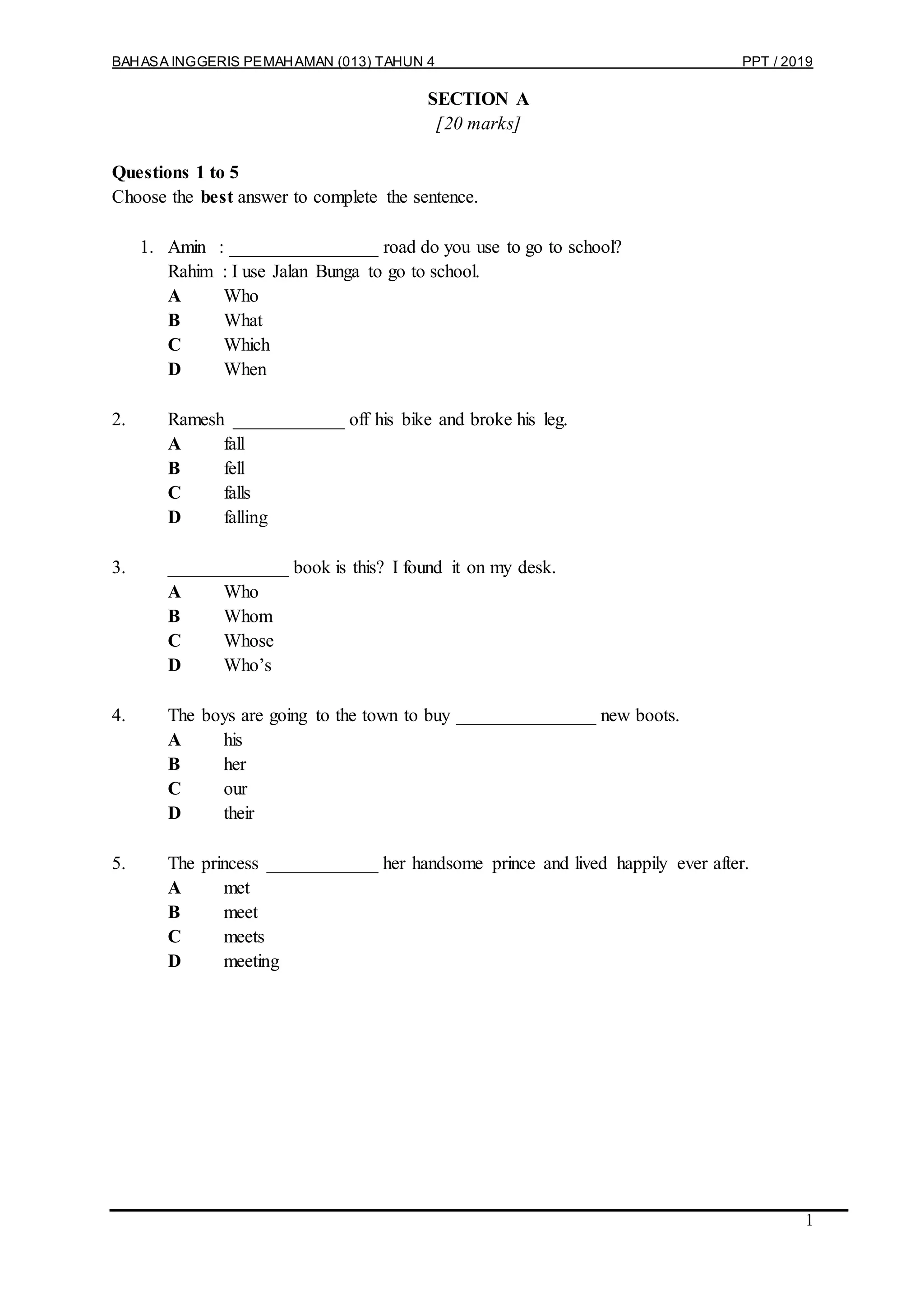 Bahasa Inggeris Tahun 4 (PPT) Kertas 1 | DOCX