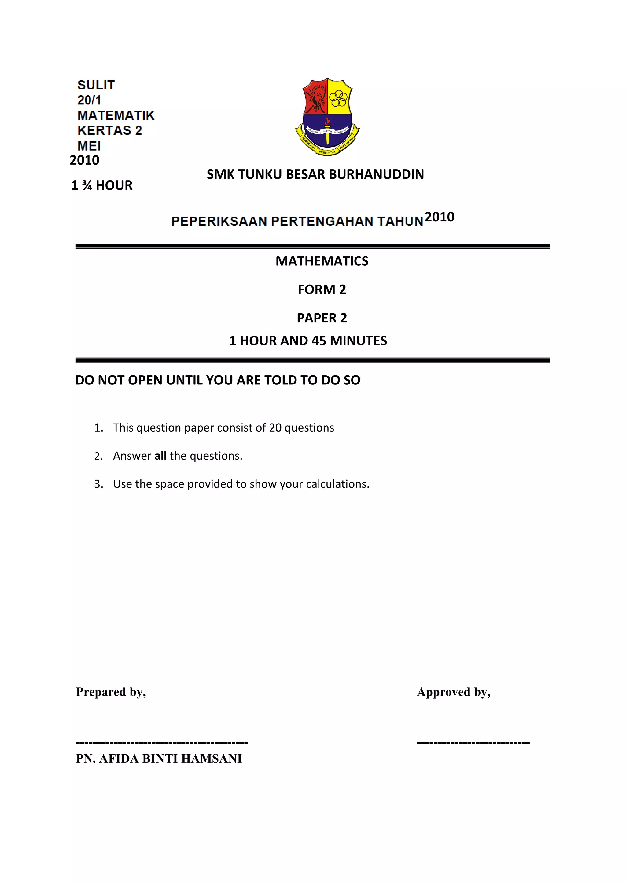 Mathematics Mid Year Form 2 Paper 2 2010 | DOC