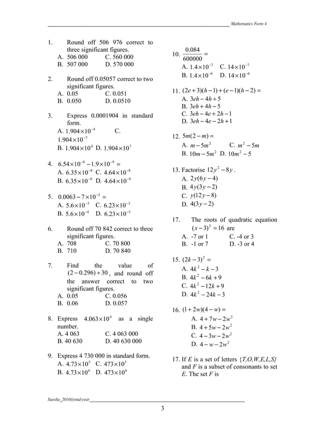 Mathematics Mid Year Form 4 Paper 1 Mathematics