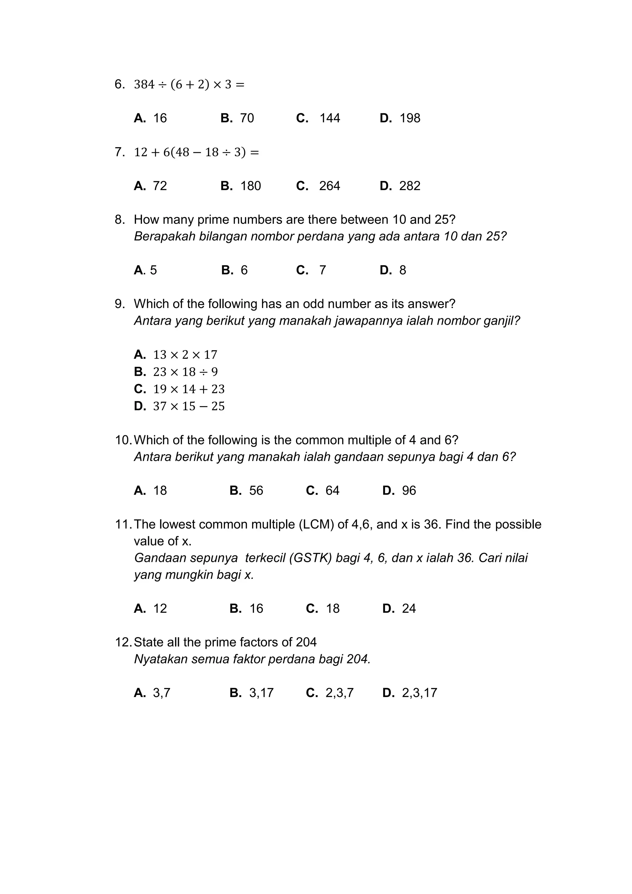 Mid year test maths form 1 | DOCX