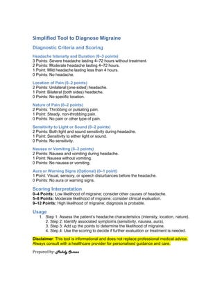 Simplified Tool to Diagnose Migraine Diagnostic Criteria and Scoring | PDF