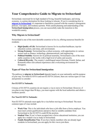 Your Comprehensive Guide to Migrate to Switzerland | PDF