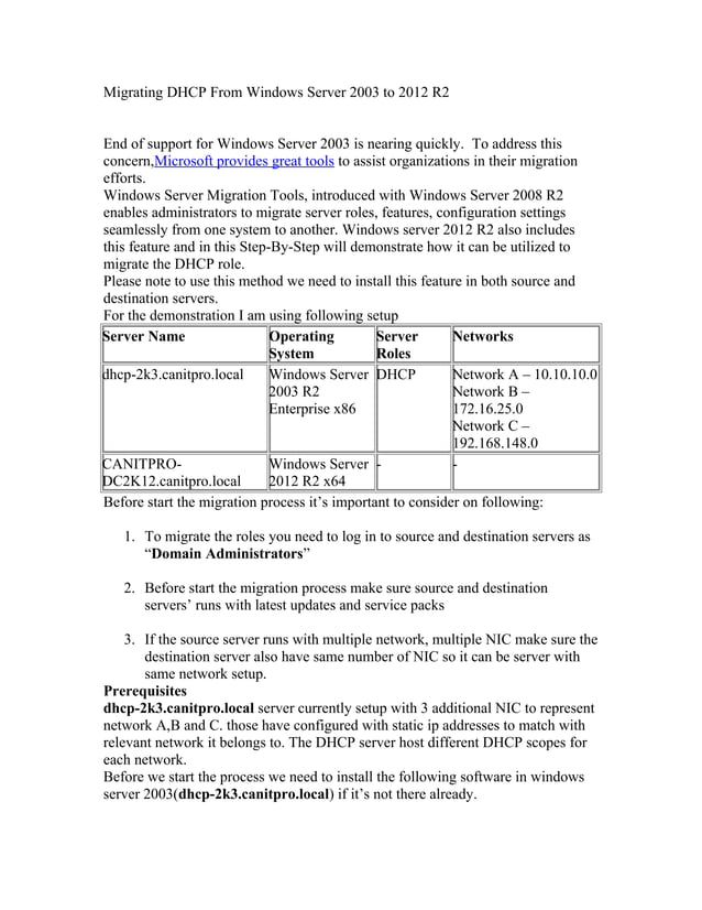 Migrating dhcp from windows server 2003 to 2012 r2 | DOC | Operating Systems | Computer Software ...