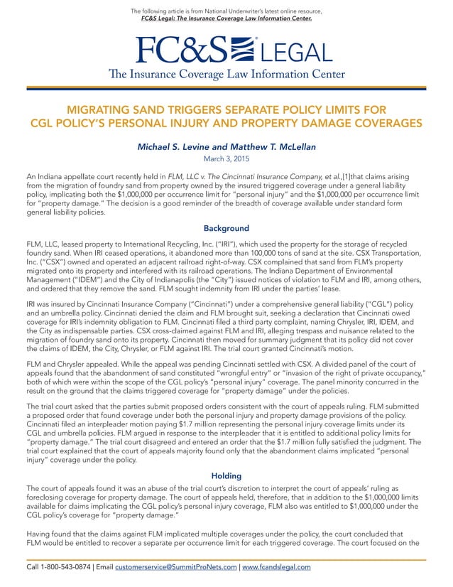 Migrating Sand Triggers Separate Policy Limits for CGL Policy¹s ...