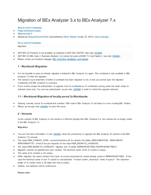 Migration of SAP BW BEx Analyzer 3.x to BEx Analyzer 7.x | PDF