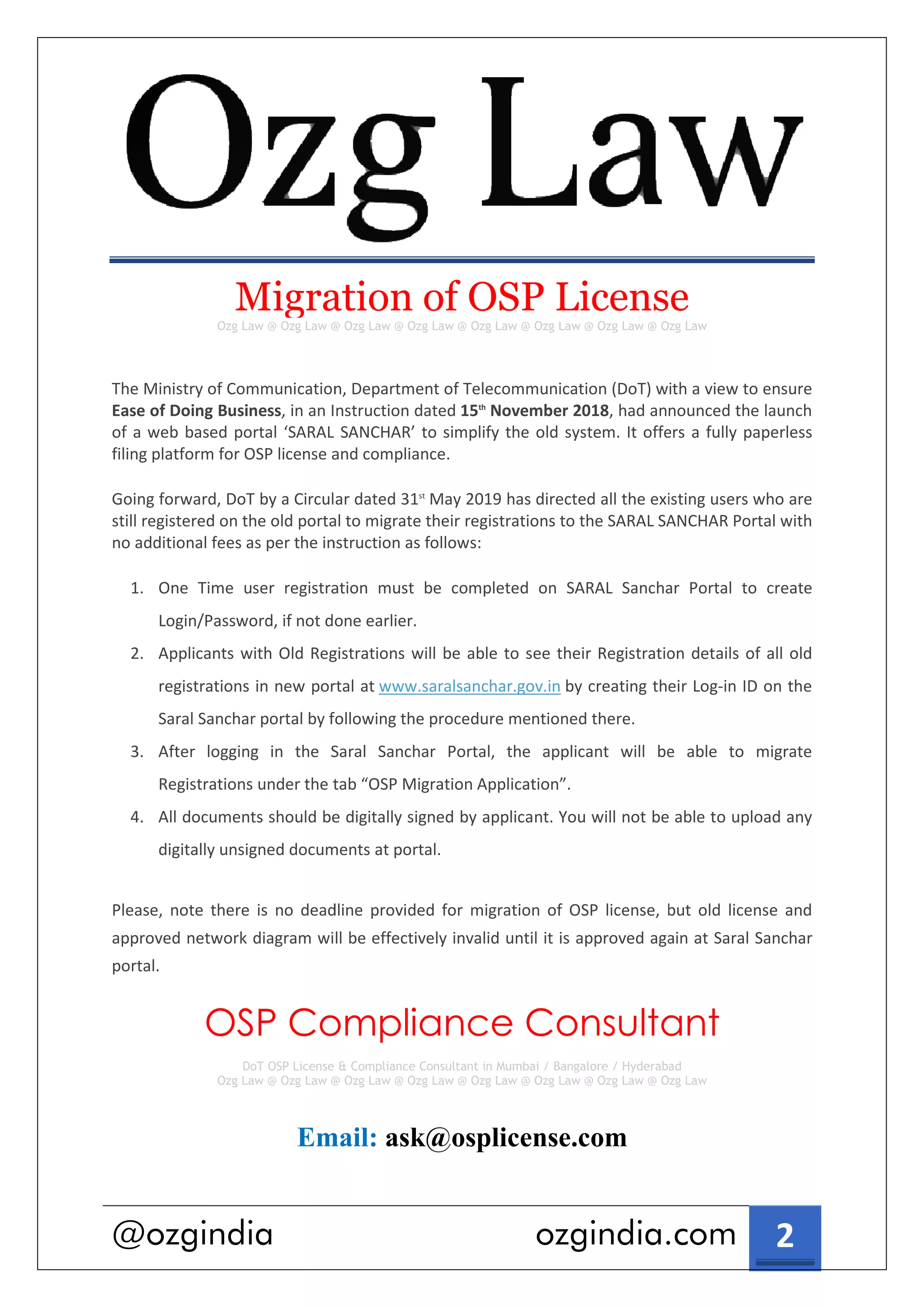 Migration of Osp License - Ozg Law - WhatsApp # 8779696580 - DoT ...
