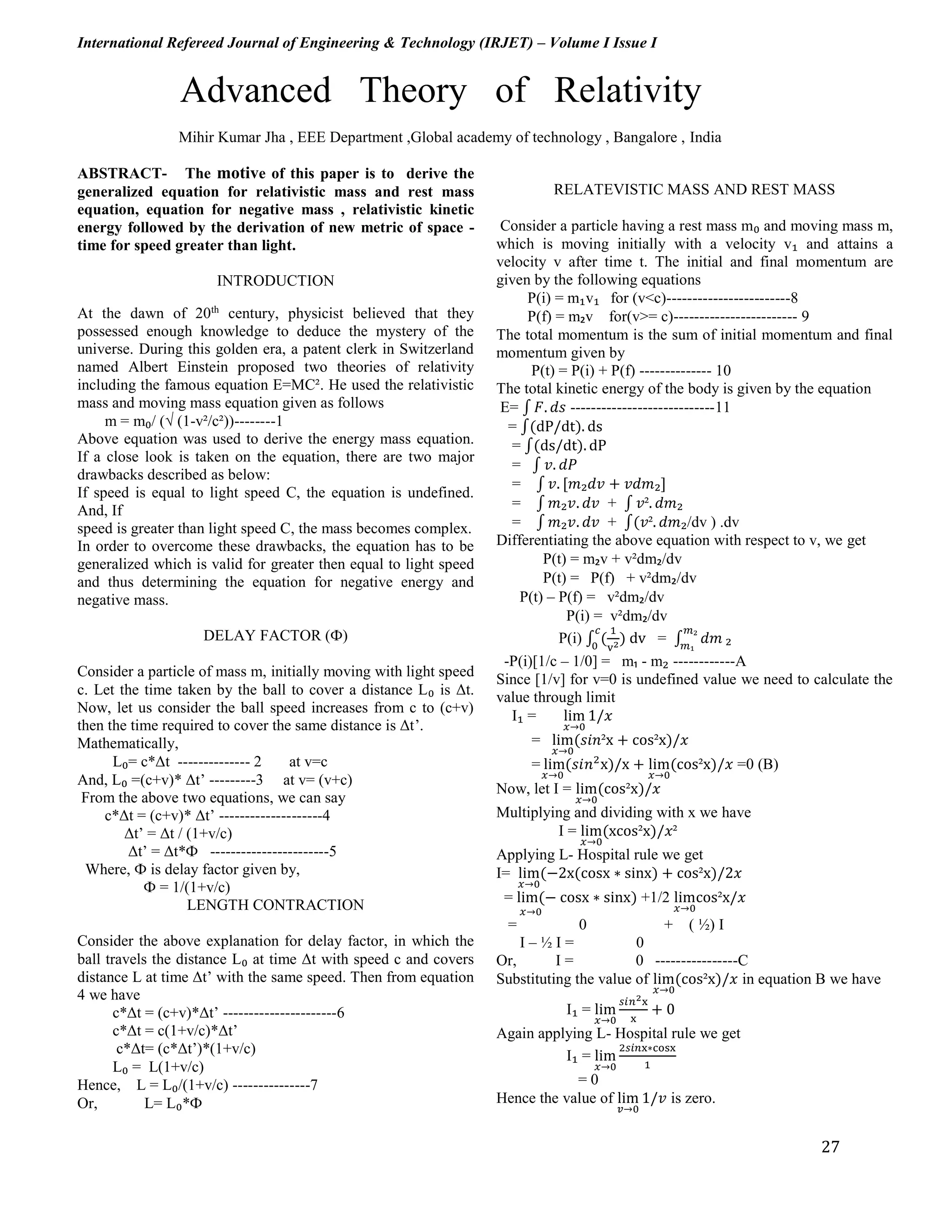 Theory of Advanced Relativity | PDF | Physics | Science