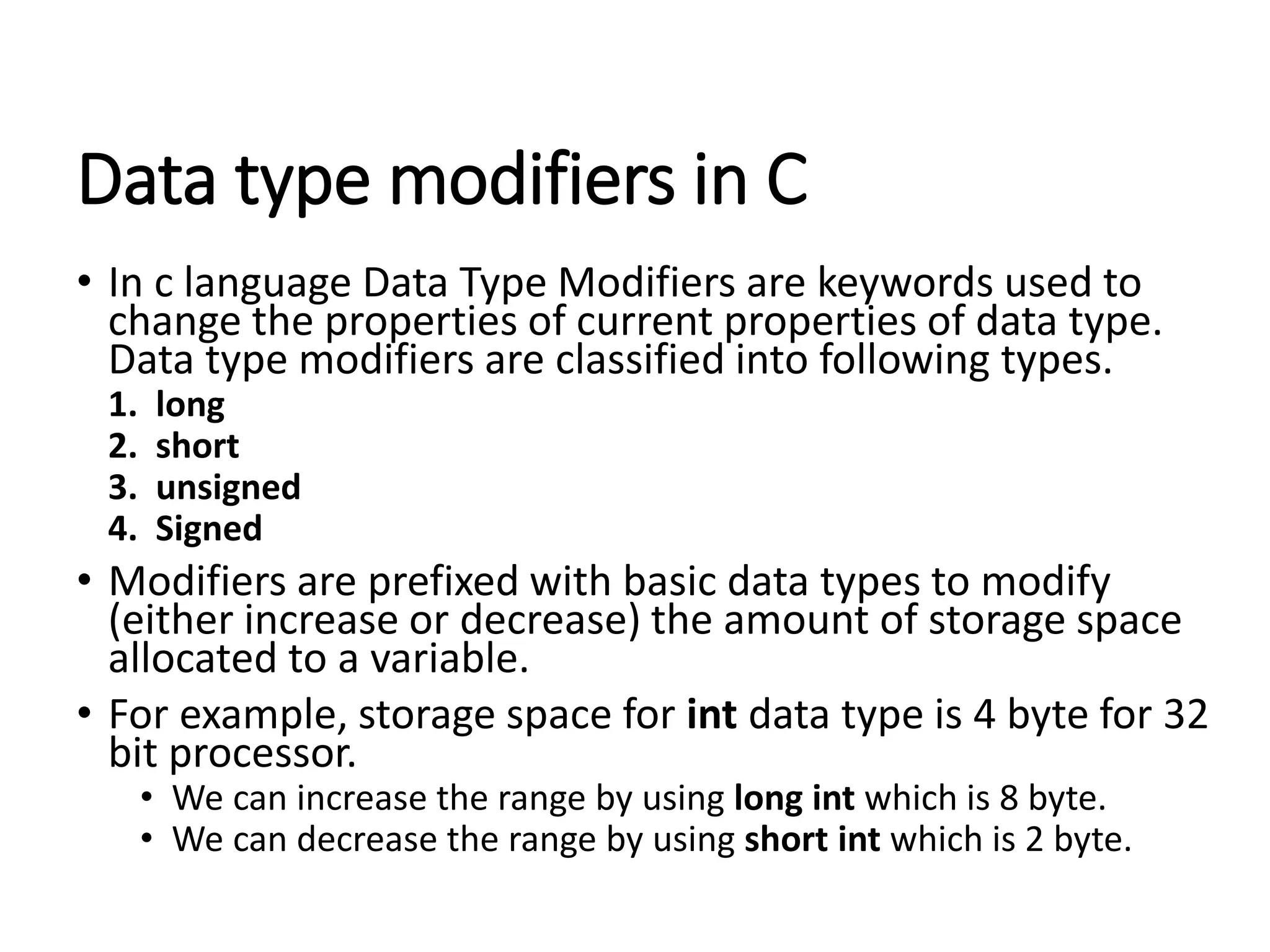 Different Data Type Modifiers In C Language Ppt