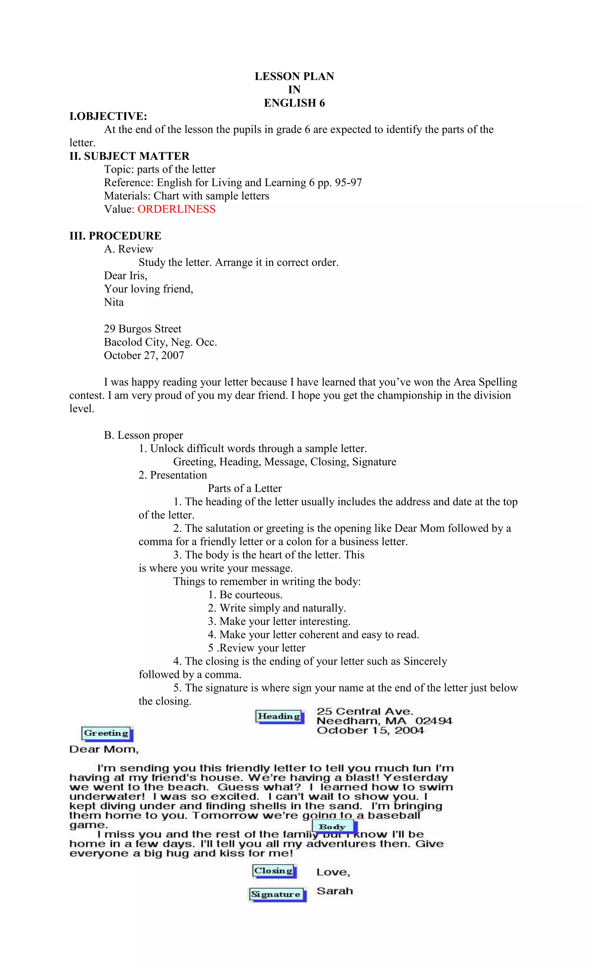 lesson plan for grade 6 | DOCX