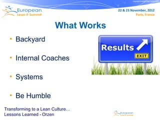 Mike Orzen, Lean IT – Transforming to a lean culture. Lessons learned ...