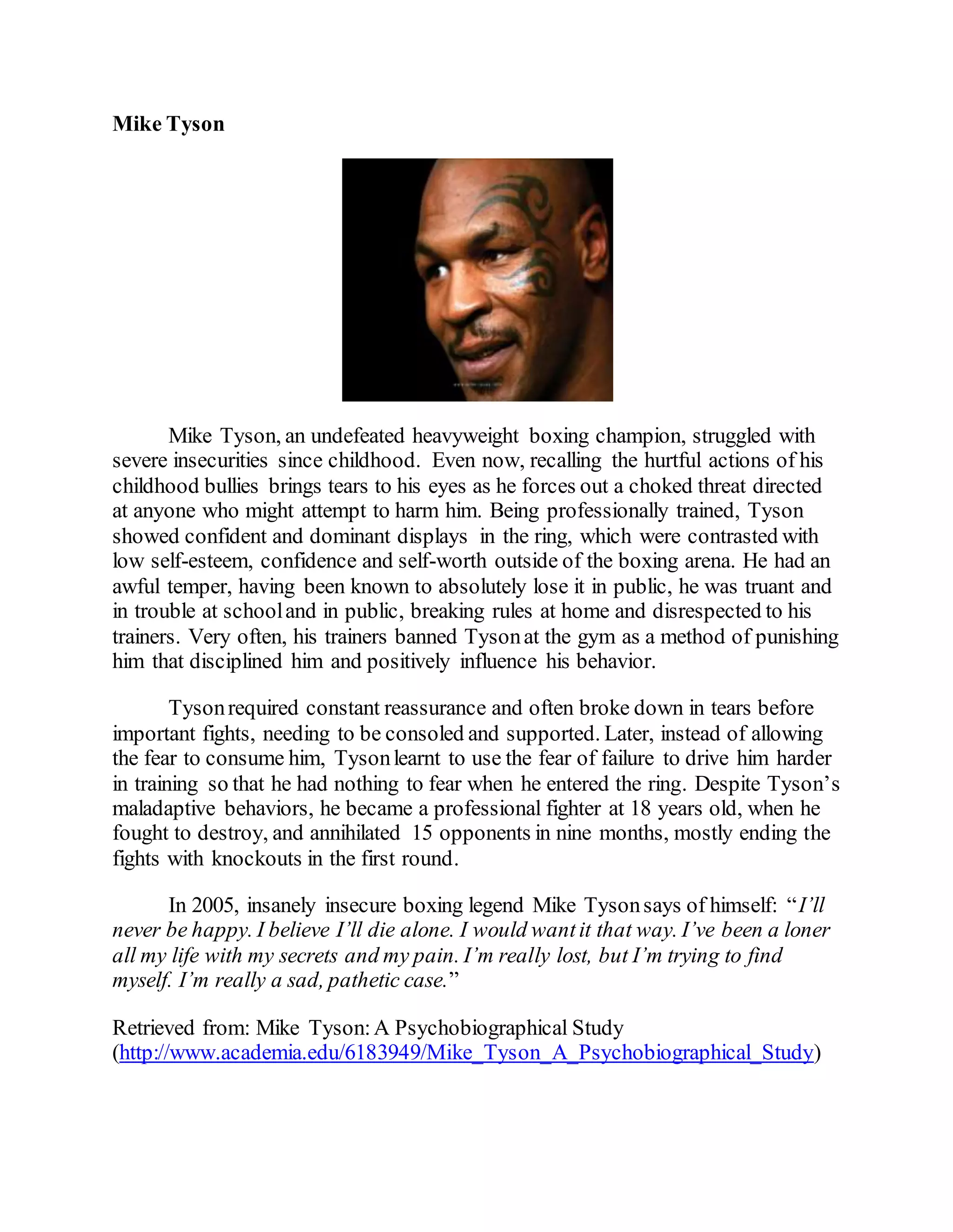Mike Tyson. the extract from Mike Tyson: A Psychobiographical Study | PDF