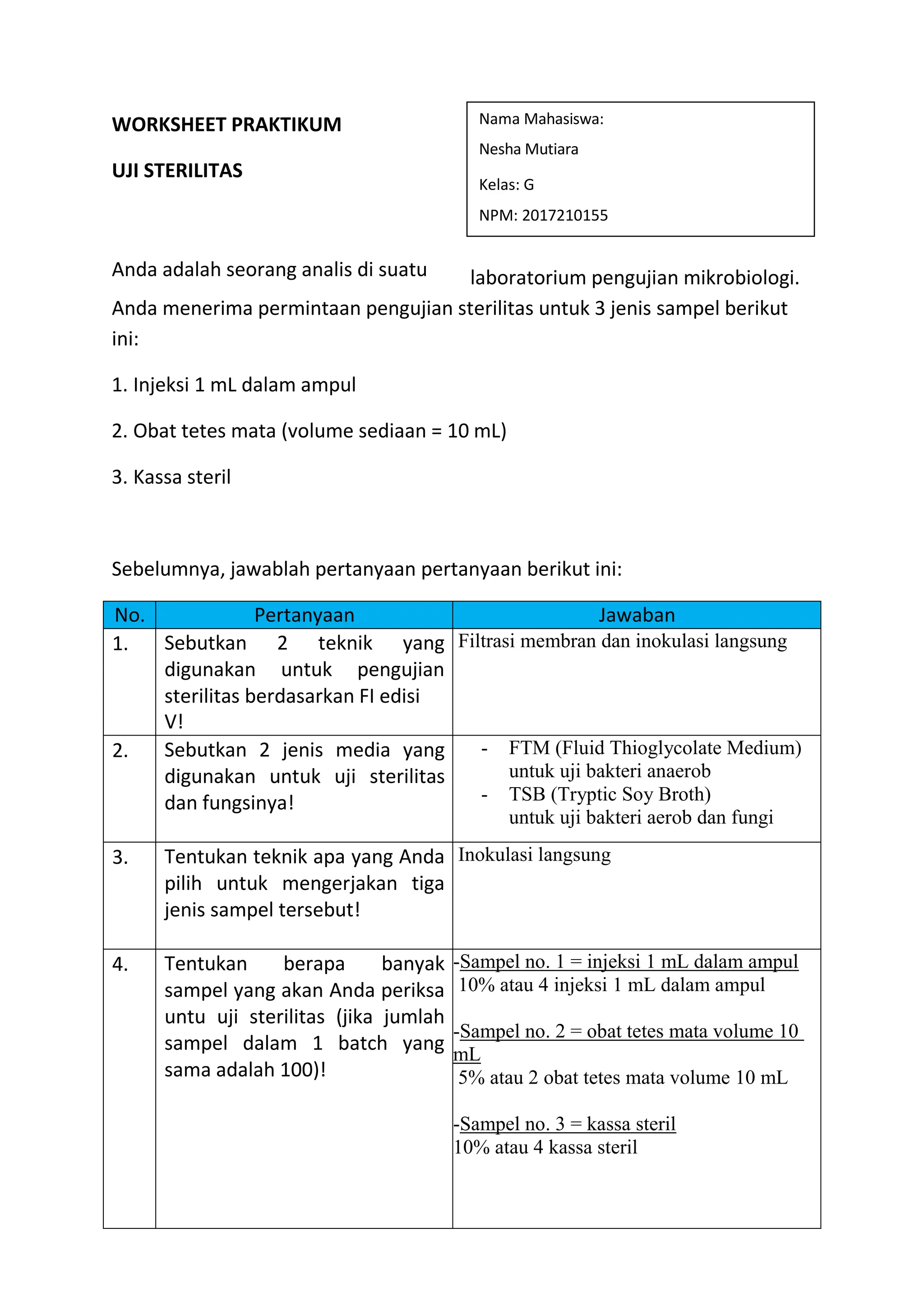 Mikrobiologi Farmasi : Pembahasan Soal Uji Sterilitas | PDF