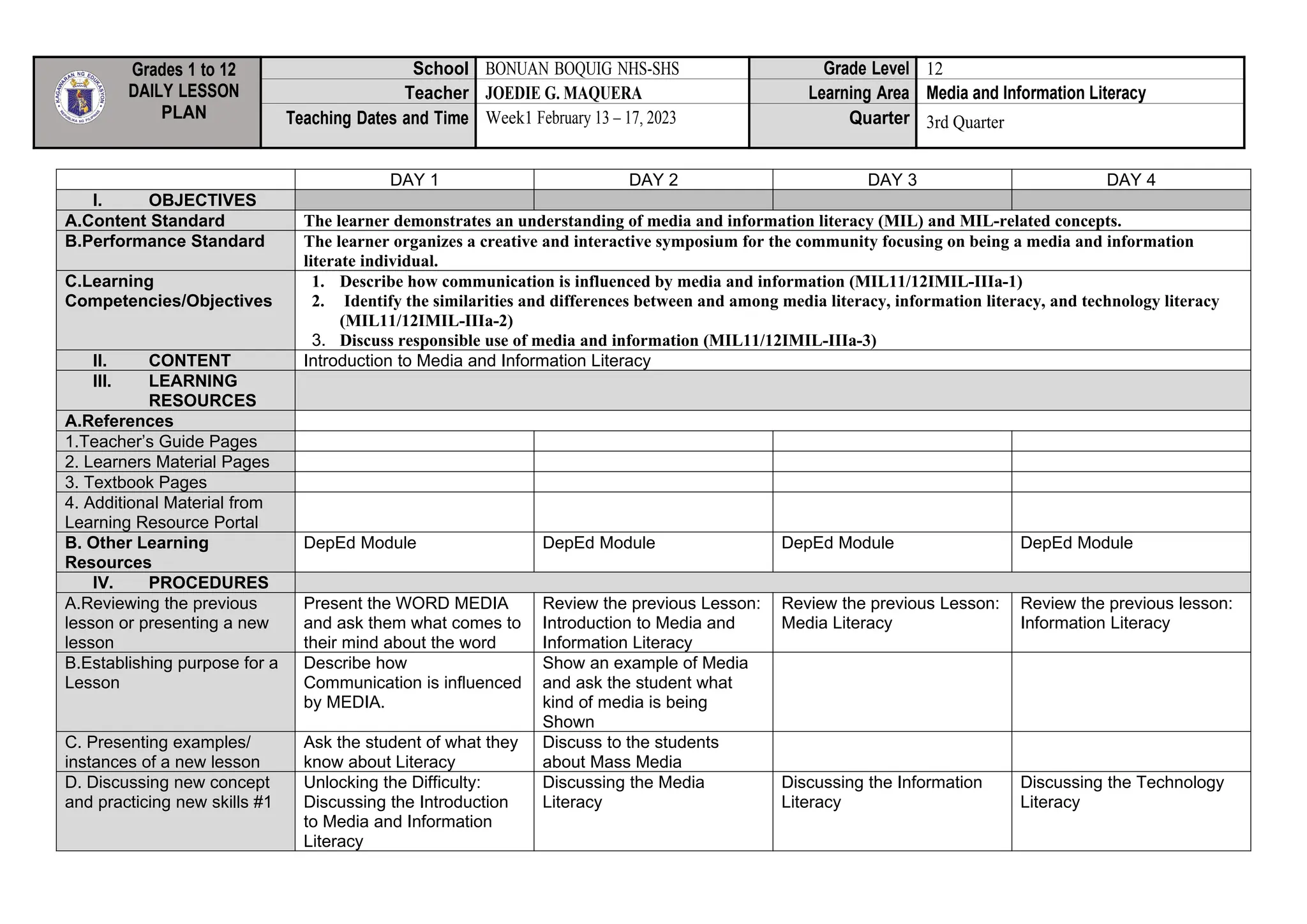 Media and information Daily Lessons Plan | PDF