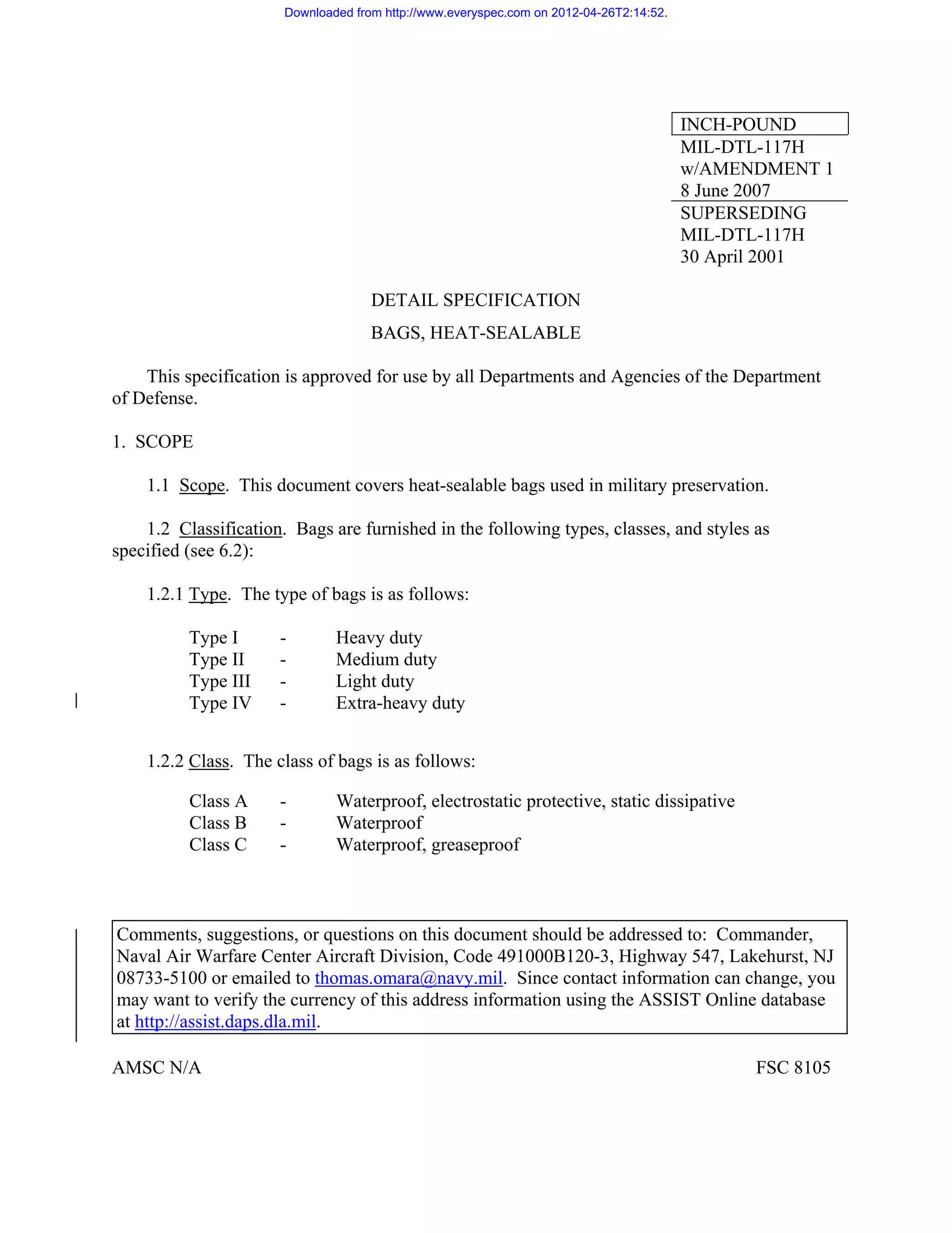 Mil dtl-117 h-amendment-1 Military Packaging | PDF