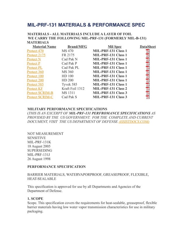 MIL-PRF-131 Materials & Performance Specifications | DOC | Sports
