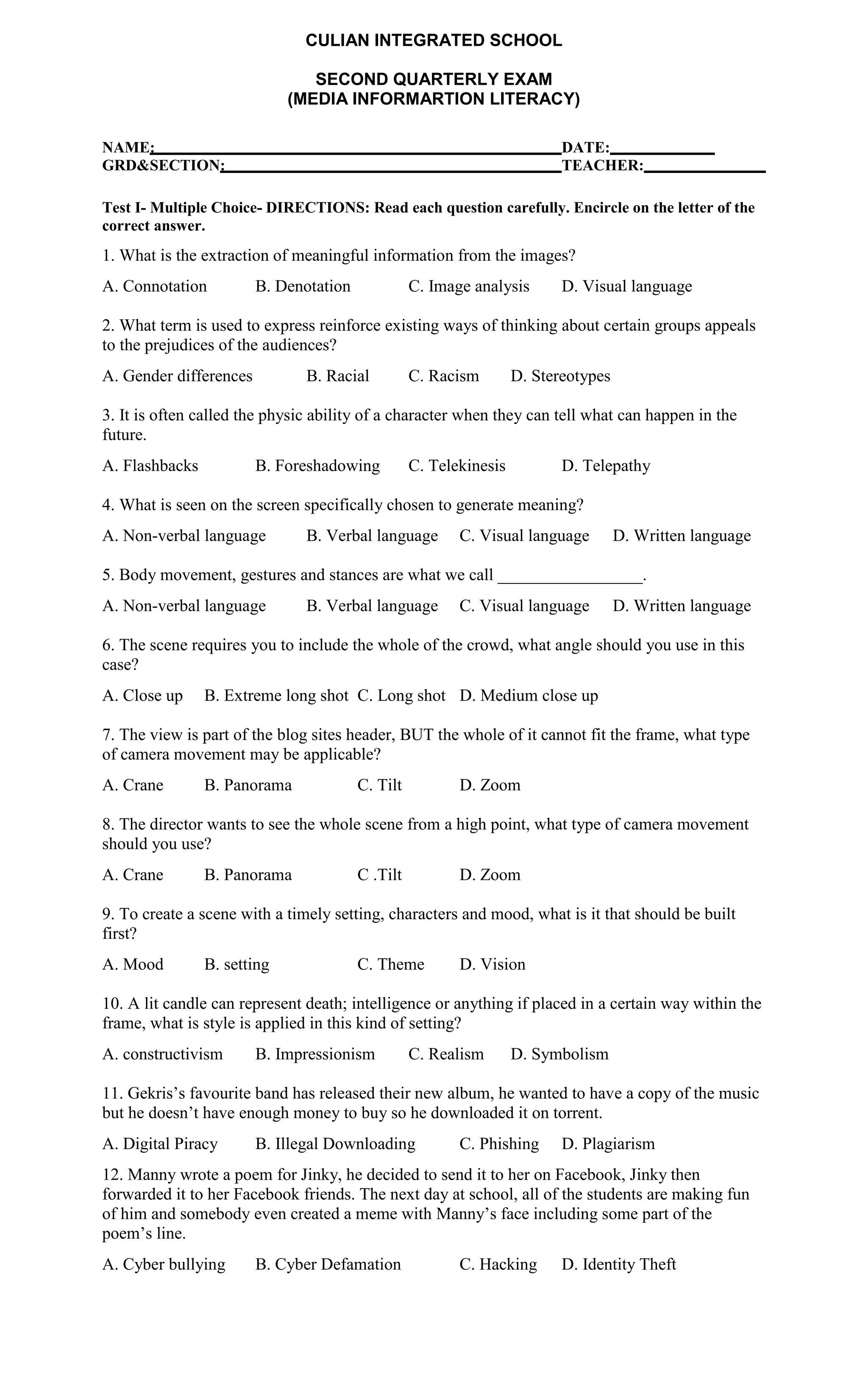 Second Quarter Examination for Second Quarter | PDF
