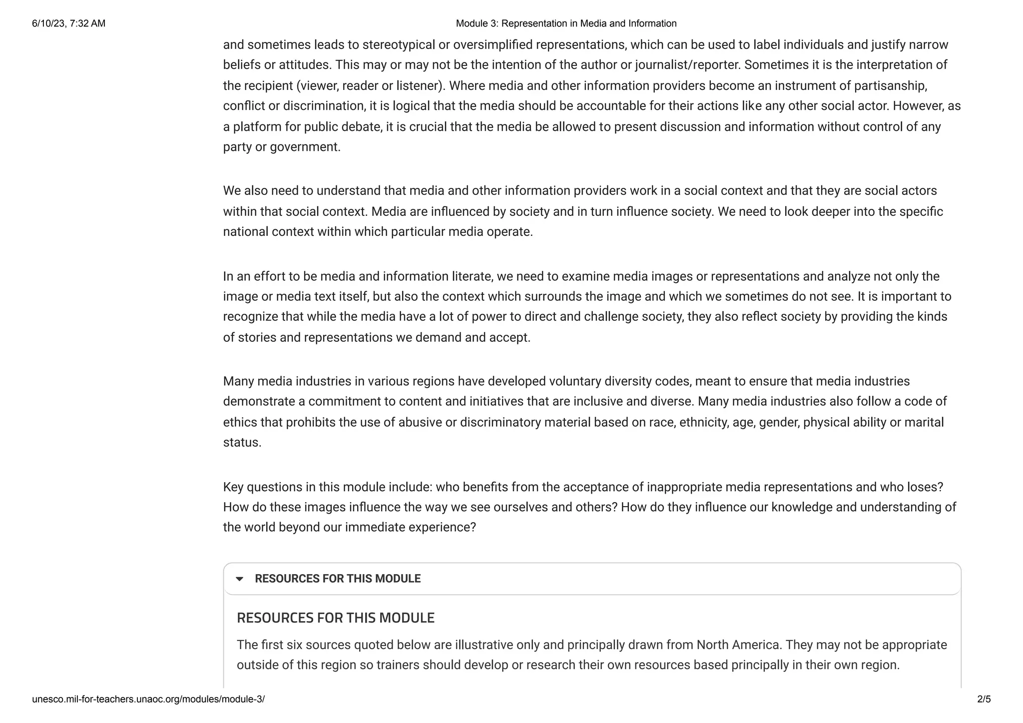 MIL for Teachers Module 03: Representation in Media and Information | PDF