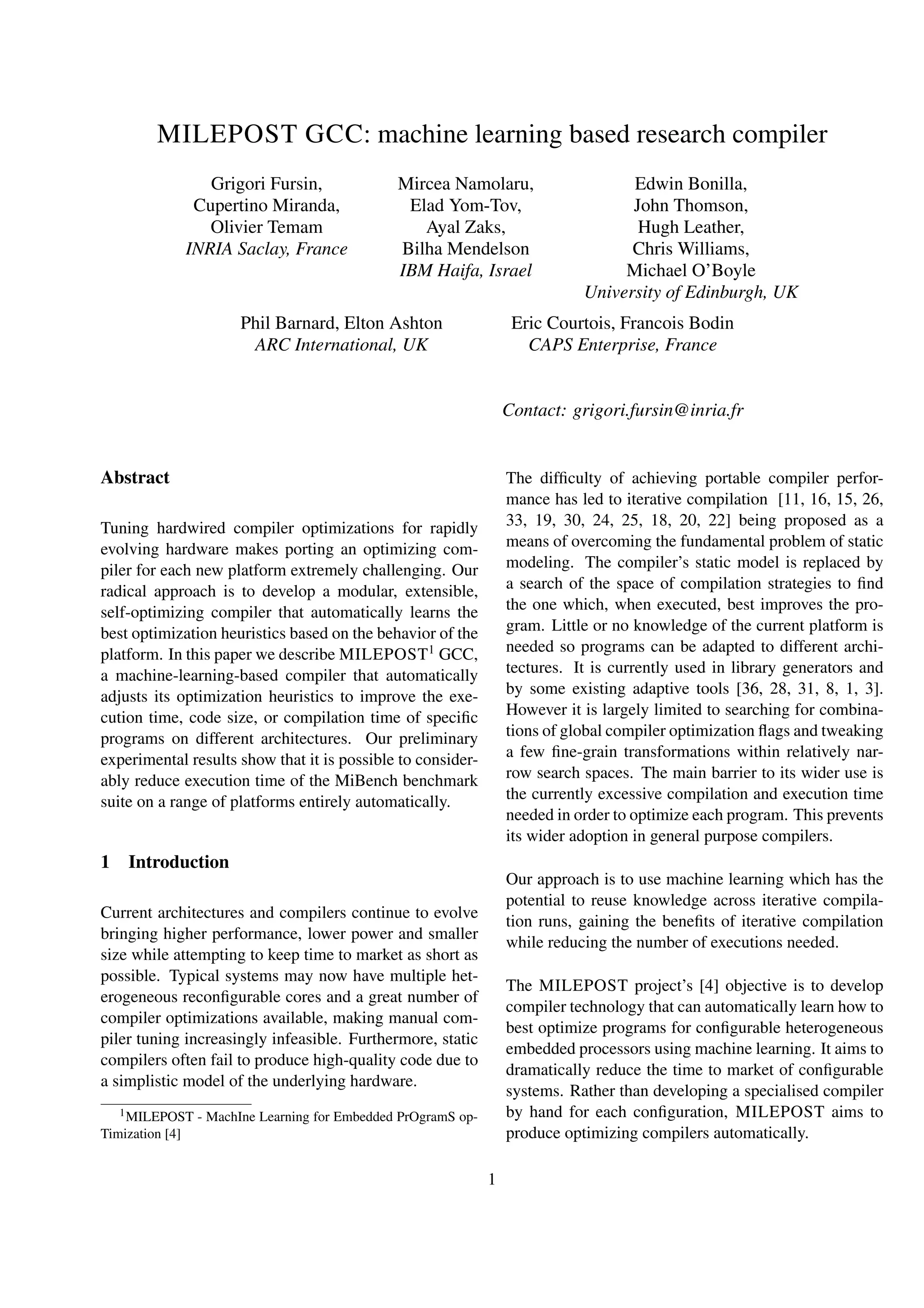 MILEPOST GCC: machine learning based research compiler | PDF