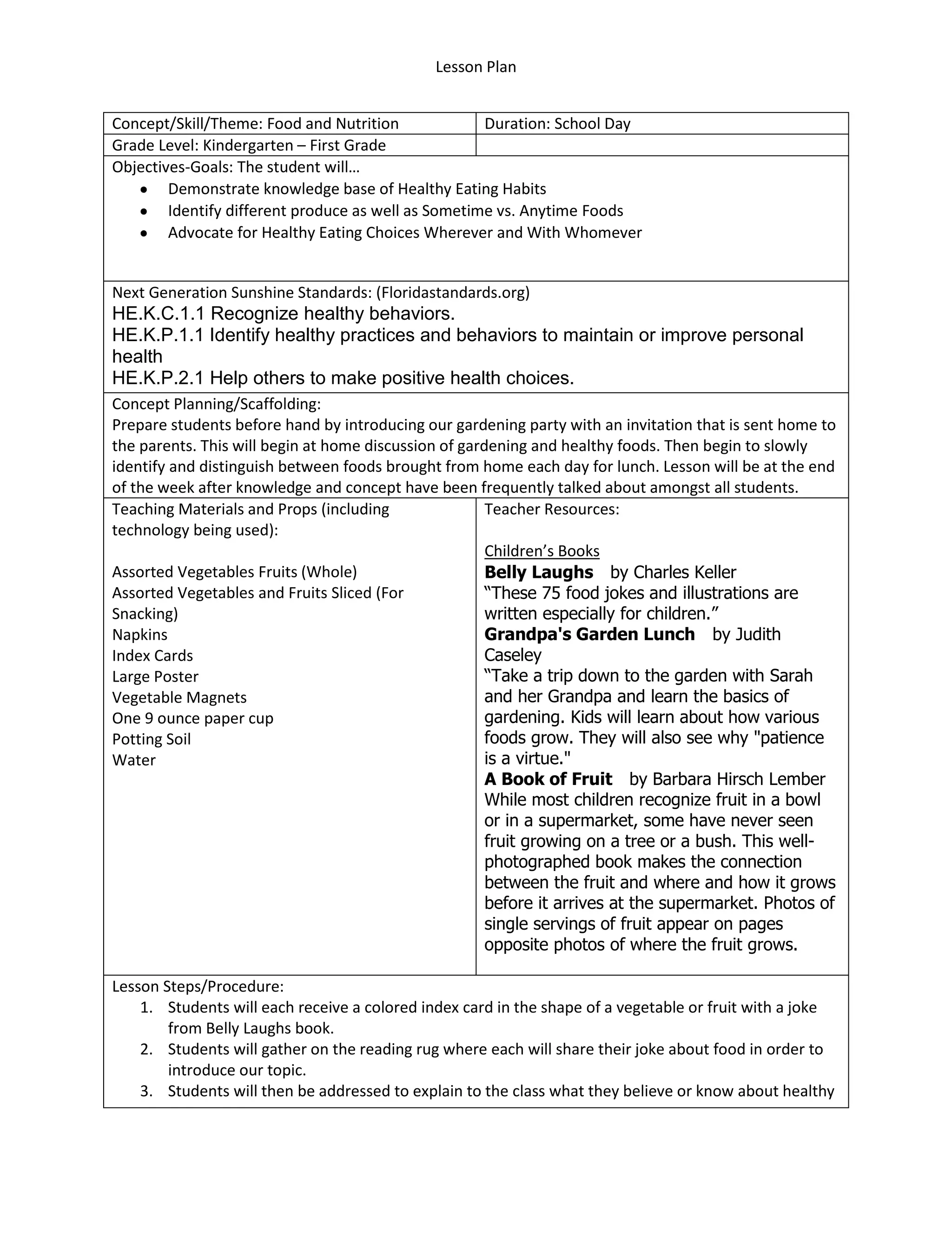 Milestone 3 food and nurtition lesson plan | DOCX