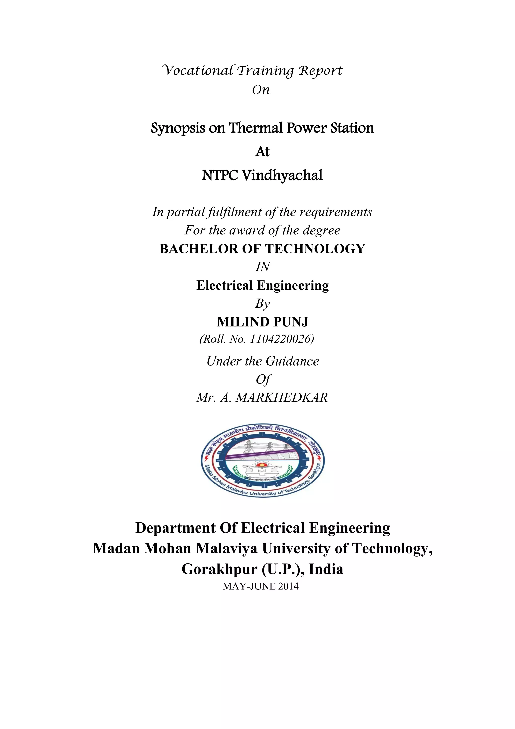VOCATIONAL TRAINING REPORT @ NTPC VINDHYACHAL | PDF