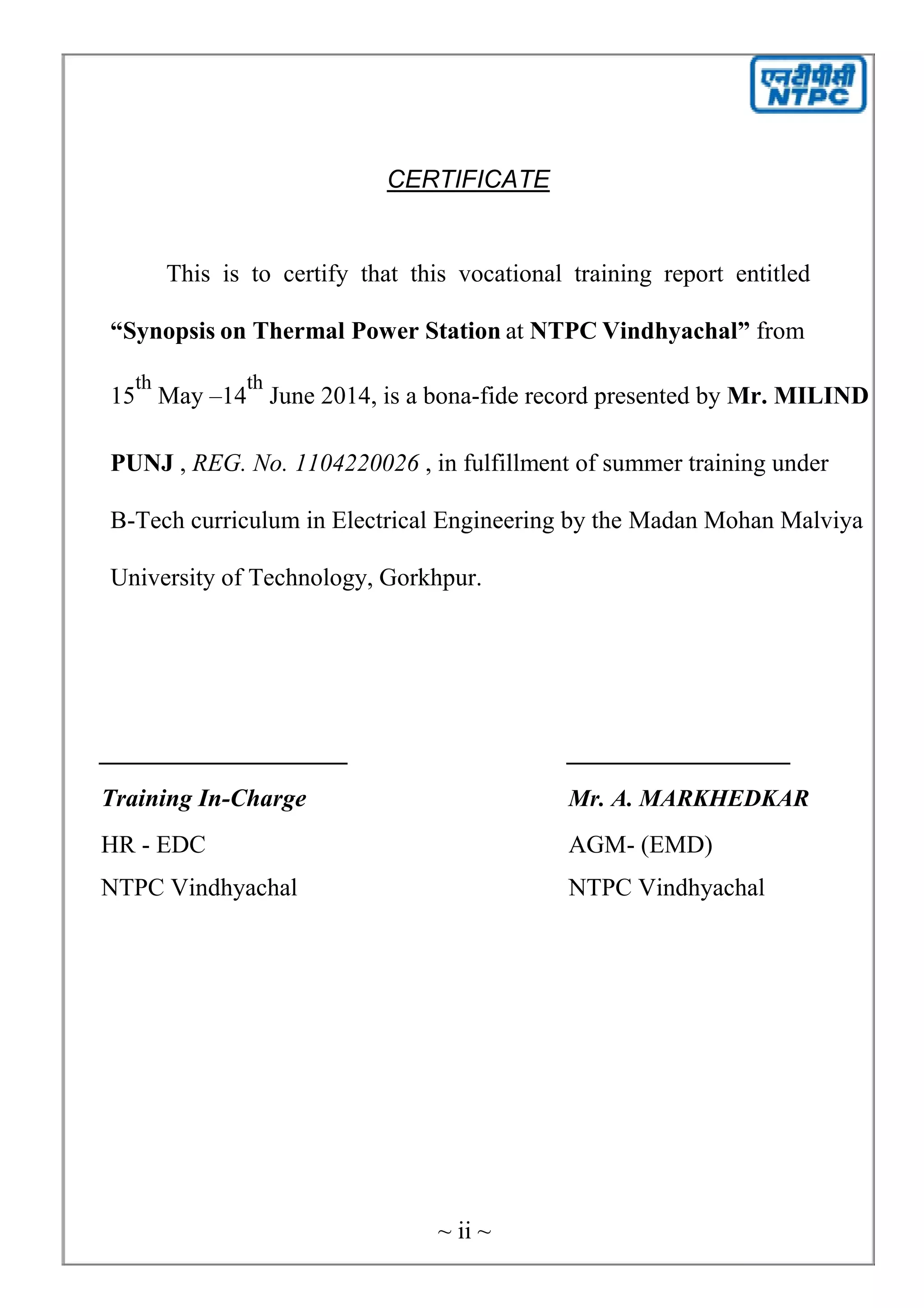 VOCATIONAL TRAINING REPORT @ NTPC VINDHYACHAL | PDF