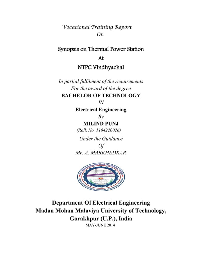 VOCATIONAL TRAINING REPORT @ NTPC VINDHYACHAL | PDF | Power and Energy Industry | Industries