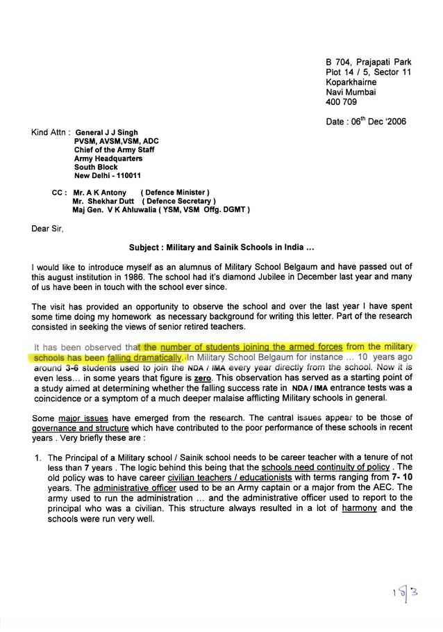 Military and sainik_schools_letter | PDF