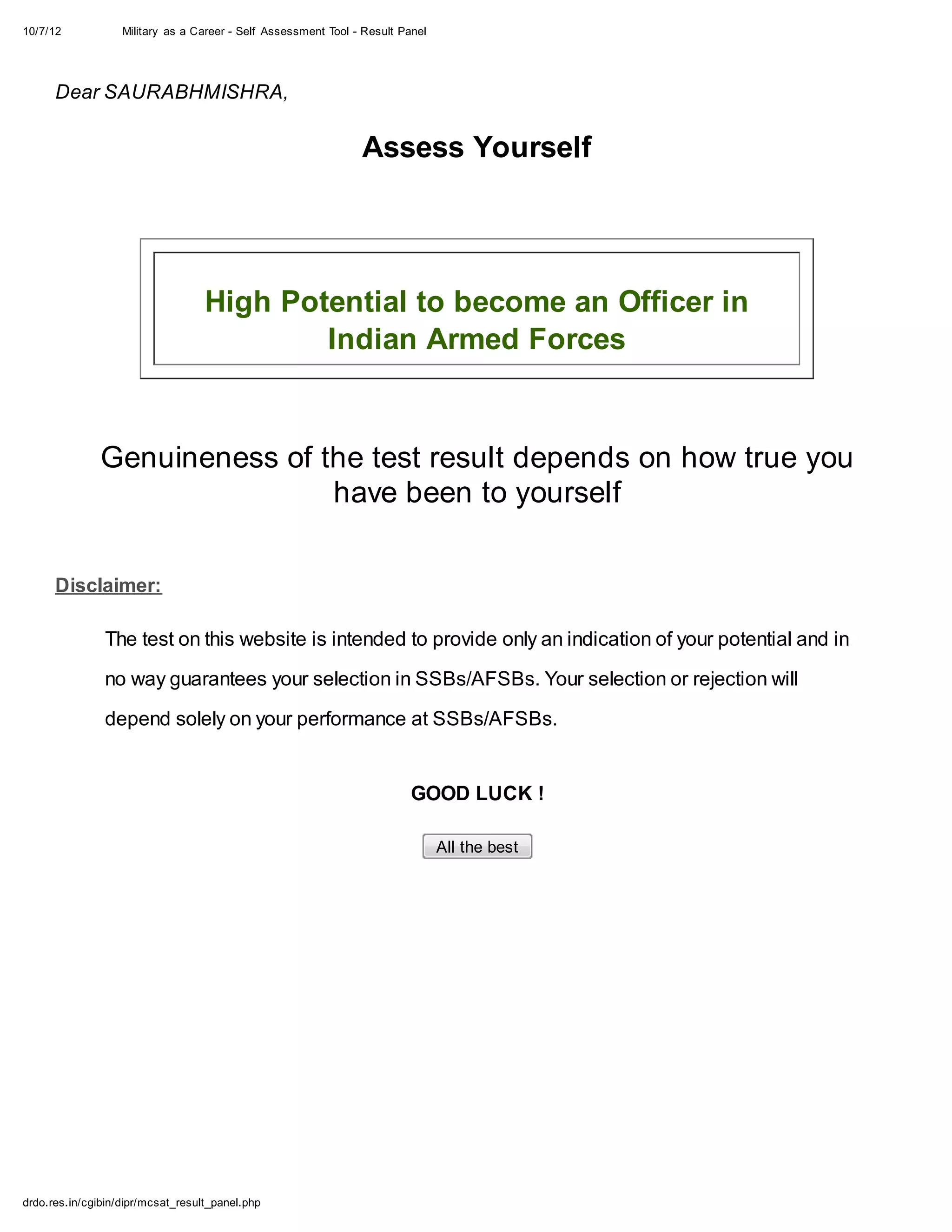 Military as a career self assessment tool - result panel | PDF