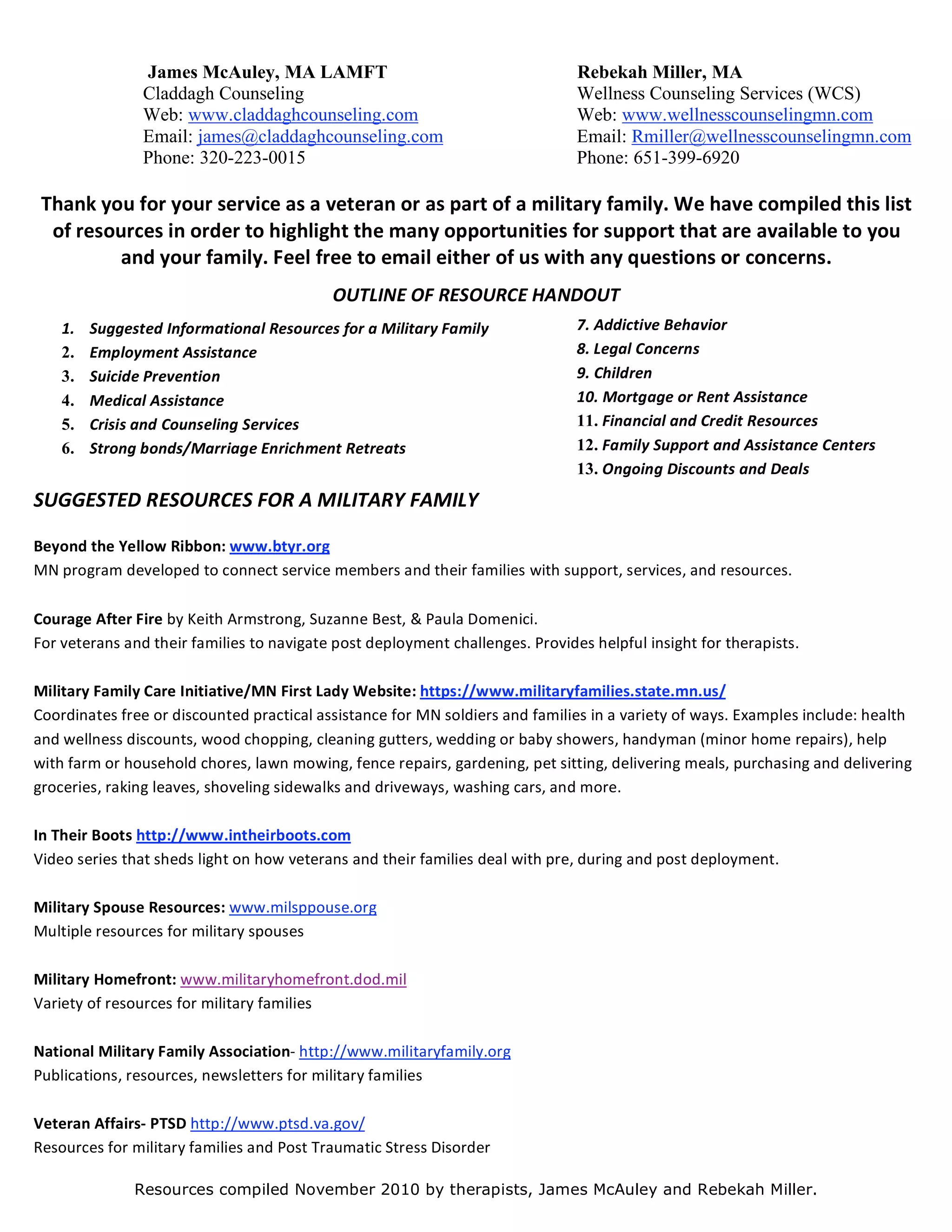 Military families resource handout mn | PDF