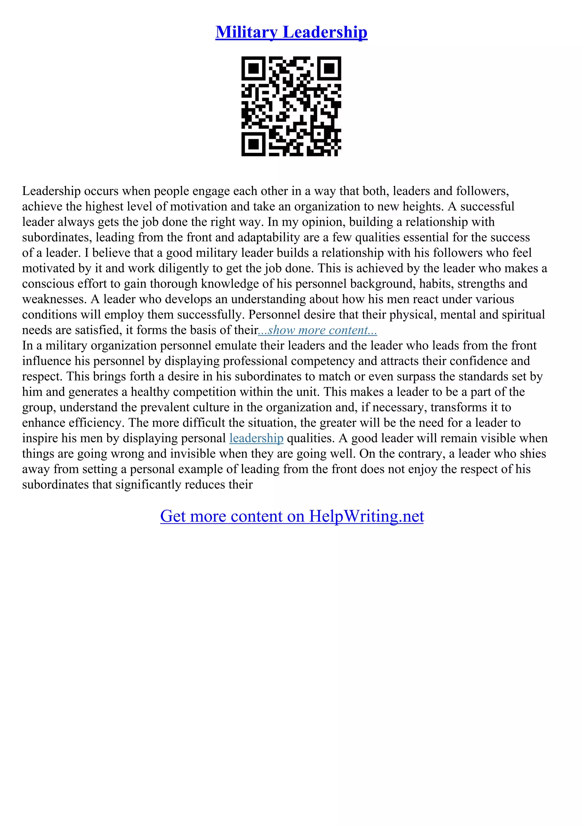 Military Leadership Essay | PDF