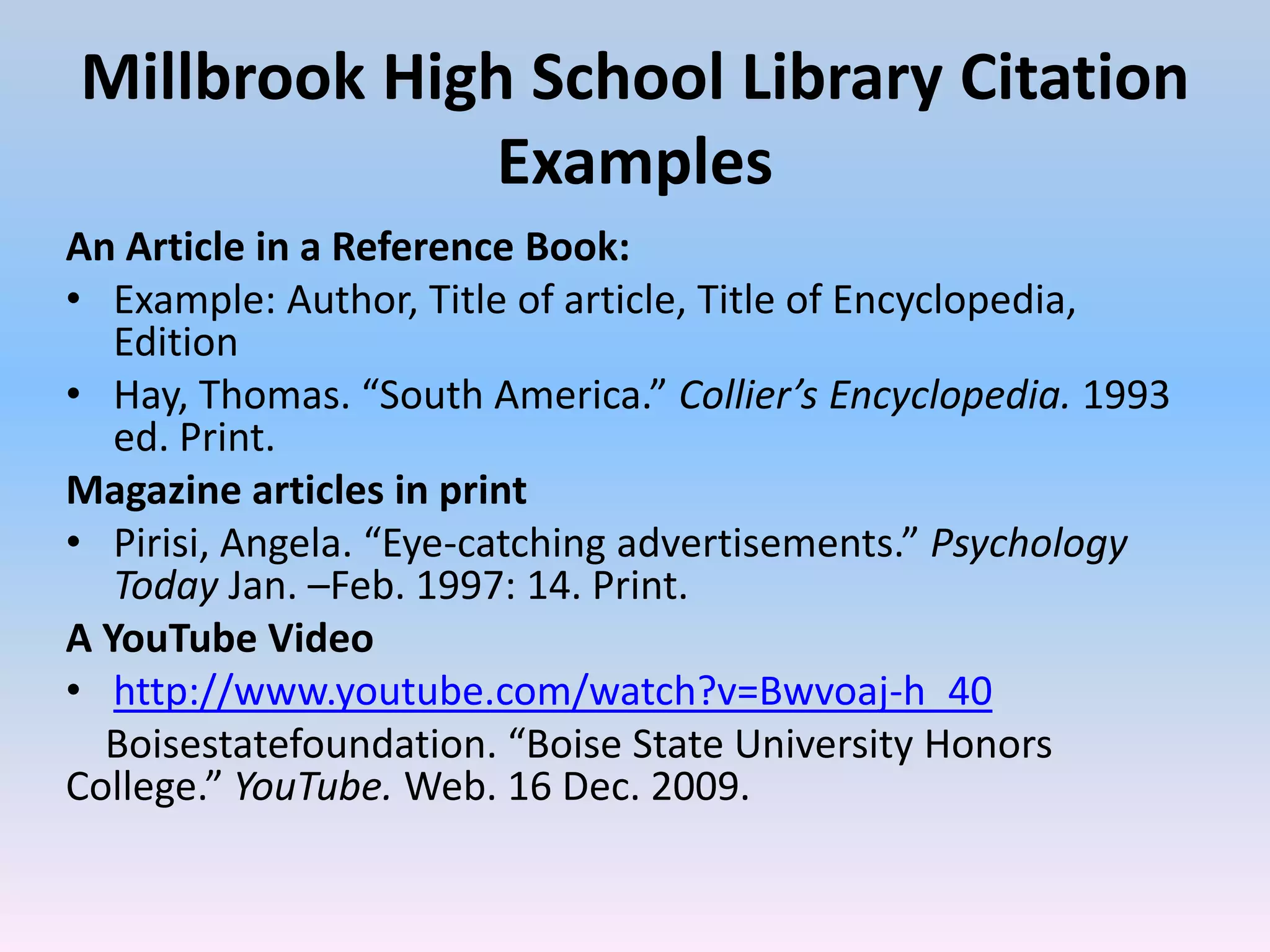 Millbrook high school library citation examples 2013 | PPTX | Books and ...