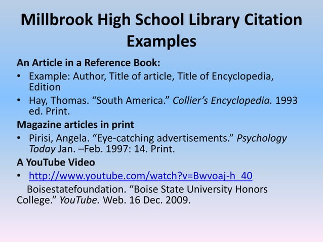 Millbrook high school library citation examples 2013 | PPTX | Books and ...