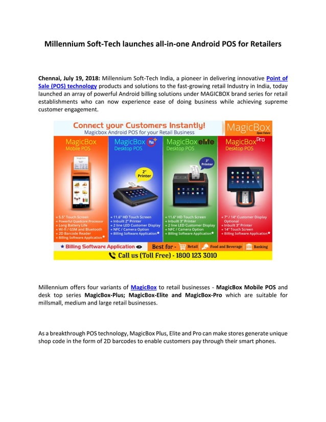 Millennium Soft Tech Launches All-in-one Android POS For Retailers. | PDF