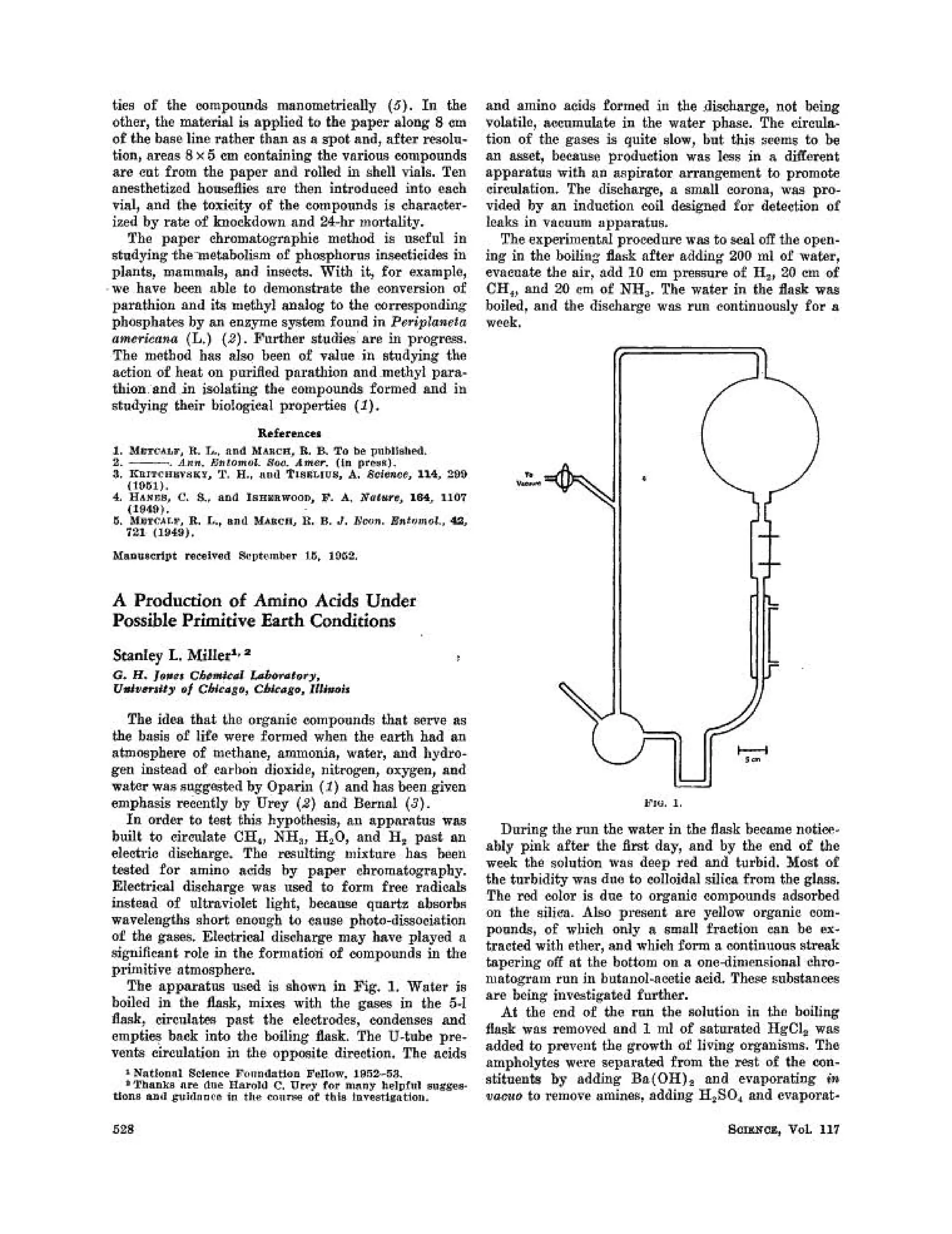 Miller, a production of amino acids under possible primitive earth ...