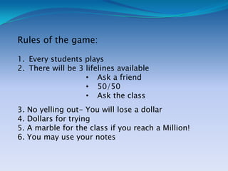 Millionaire social studies game 4th Grade | PPT