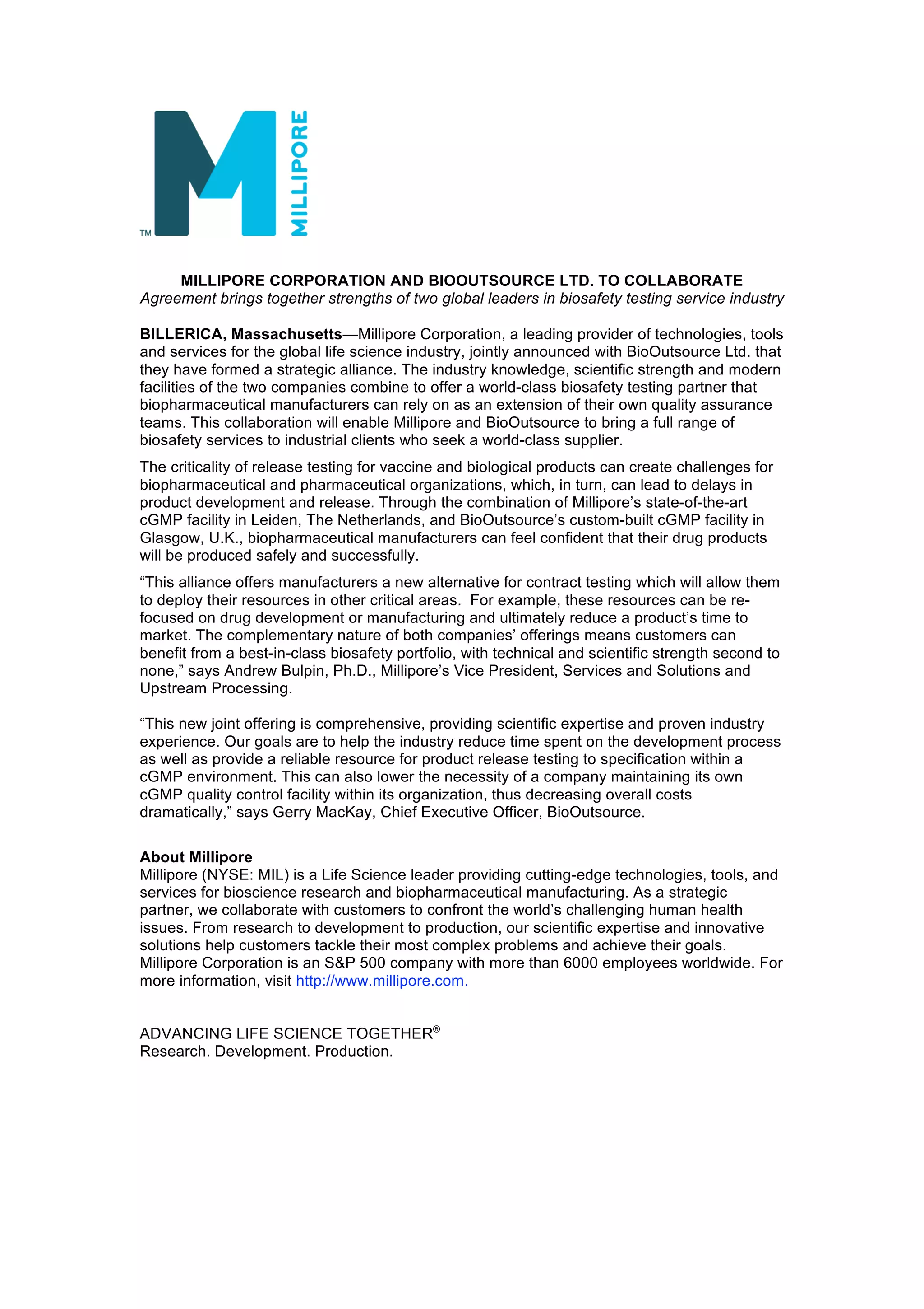 Millipore biooutsource | PDF | Biotech and Biomedical Industry | Industries